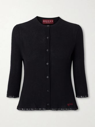 Gucci Cardigan Aus Gerippter Baumwolle Mit Spitzenbes&auml;tzen Und Stickerei - Schwarz