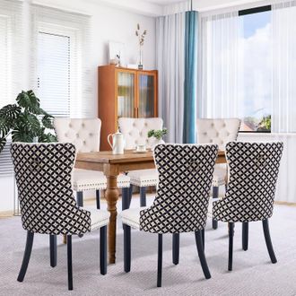 Generic Esszimmerstuhl-Set Aus Leder - Stühle Mit Hoher Rückenlehne, Knopfheftung Und Beinen Aus Massivholz(Wood-White Plaid,6)