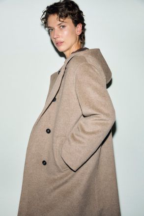 Gerard Darel Manteau &agrave; capuche en laine et angora - ADRA - Muscade