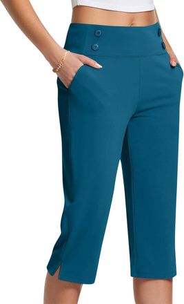 Onsoyours Caprihose Damen 3/4 Bauchkontrolle Workout Leggings Leicht Sommer Slim Fit Sporthose A Pfauenblau L