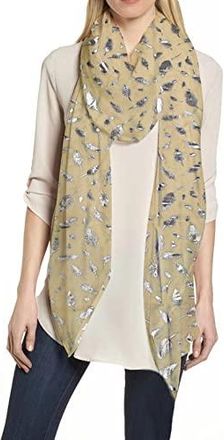Lina & Lily Foulard Femme à Plumes Métallisées, Écharpe Tissu Léger 180cm X 75cm (Beige-Argent)