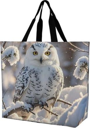 Generic Chouette Blanche DHiver Sac Fourre Tout D&eacute;contract&eacute; Sacs R&eacute;utilisable Sac Cabas Pour Gym Plage Travail