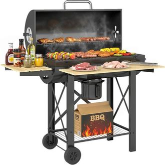 OUTSUNNY Barbecue charbon de bois - Outsunny - avec couvercle fumoir, tablette pliable en bois - 109 x 71 x 98 cm - noir