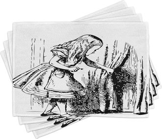 Abakuhaus Alice im Wunderland Platzmatten, Schwarzweiss-Alice, die durch Vorhänge verstecktes Tür-Abenteuer schaut, Tiscjdeco aus Farbfesten Stoff für das Esszi