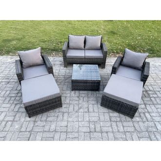 Fimous 6-Sitzer Rattan Gartenm&ouml;bel im Freien Sofa Set Tisch & Stuhls mit 2 Gro&szlig;er Fu&szlig;hocker Dunkelgrau Gemischt - Fimous