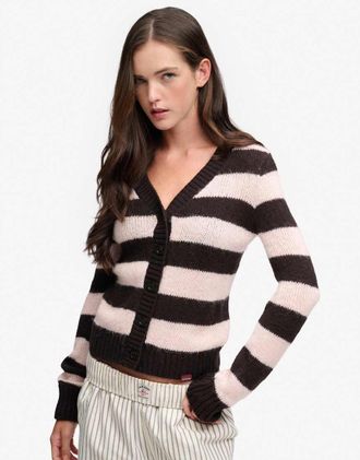 Superdry angerauter leichter Cardigan mit V-Ausschnitt und Streifen in Dunkelbraun/Hellrosa