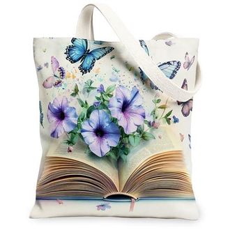 Generic Sac fourre-tout en toile motif p&eacute;tunias de printemps pour le shopping, 33 x 38 cm, livre amusant, fleurs, papillons, sac d&eacute;picerie r&eacute;utilisable pour f
