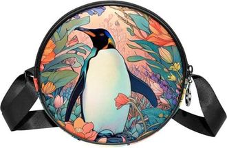 Generic Sac &agrave; bandouli&egrave;re rond pour femme, motif pingouin &agrave; dessin color&eacute;, petit sac &agrave; dos &agrave; bandouli&egrave;re avec fermeture &eacute;clair, bretelles r&eacute;glables, sac &agrave; mai