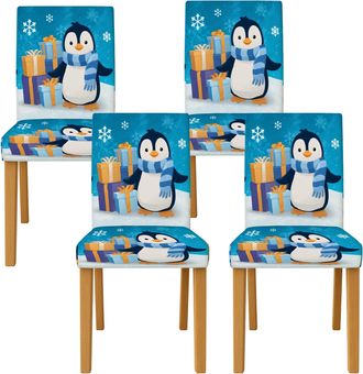 Generic Sitzbez&uuml;ge mit Pinguin-Muster, dehnbar, waschbar, Spandex-Schonbez&uuml;ge, lustiger dekorativer Stuhlschoner f&uuml;r Winter, K&uuml;che, Esszimmer, 4 St&uuml;ck