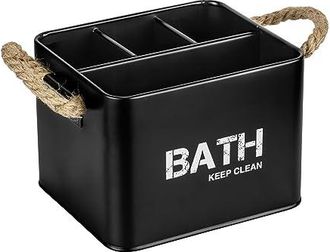 WENKO Badbox Gara mit 4 Fächern, Aufbewahrungsdose aus Stahl, trendiger Aufdruck, geflochtene Griffe, ideal für Bad und Gäste-WC, 19 x 12,5 x 13 cm, Schwarz