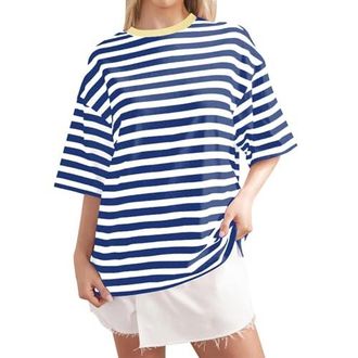 Generic T-shirt &agrave; rayures d&eacute;contract&eacute; pour femme avec col rond et manches courtes pour le printemps. T-shirt ray&eacute; minimaliste et confortable, bleu, XXL
