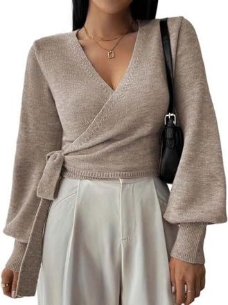 Generic 2026 Y2K Pull cache-coeur pour femme - Haut court &agrave; nouer sur le devant - Manches longues et col en V - D&eacute;contract&eacute; - Tendance - Tricot doux, kaki, M