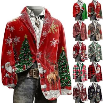 Generic Veste de costume de Noël en velours côtelé pour homme - Blazers amusants à manches longues et revers boutonné - Tenue de Noël décontractée - Costume f