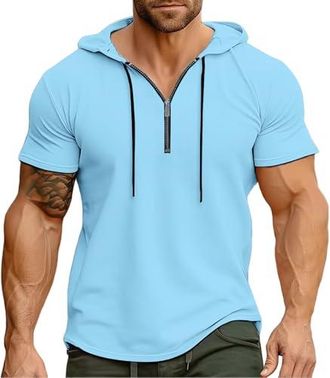 Generic T-shirt &agrave; capuche pour homme - Fermeture &eacute;clair 1/4 - Manches courtes - Pull dentra&icirc;nement - Pull de gym - Chemise muscle d&eacute;t&eacute; avec capuche - T-shirt 