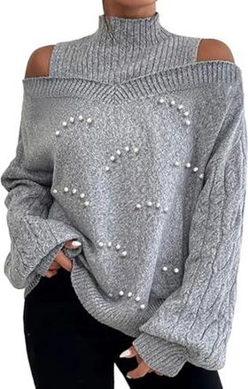 Generic Pull en tricot &agrave; col roul&eacute; avec perles d&eacute;coup&eacute;es pour femme - Pull dautomne et dhiver d&eacute;contract&eacute; &agrave; col roul&eacute;, gris, XL