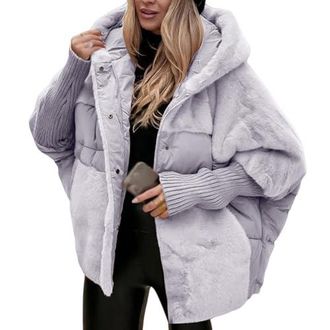 Generic Doudoune surdimensionn&eacute;e pour femme &agrave; capuche patchwork l&eacute;ger rembourr&eacute; doudoune manteaux dhiver chauds, gris, XXL