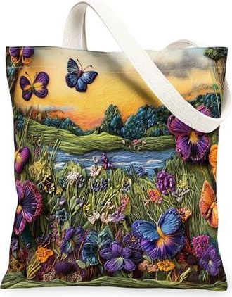 Generic Sac fourre-tout en toile violet printanier pour le shopping, 33 x 38,1 cm, sac d&eacute;picerie r&eacute;utilisable pour femme, motif floral, d&eacute;coration cadeau