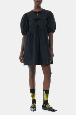 Ganni schwarz Schwarzes Minikleid aus Baumwollpopeline mit Bindeb&auml;ndern Bio-Baumwolle - Gr&ouml;&szlig;e 38