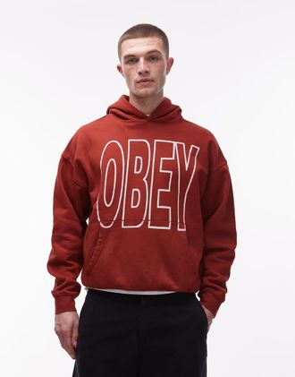 Obey Manor - Sweat &agrave; capuche &agrave; enfiler coupe carr&eacute;e - Rouge fonc&eacute; d&eacute;lav&eacute;