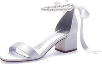 Generic Chaussures De Mariage Sangle De Cheville Talon Bas Femme Talon Satinée des Pompes Mariée Peep Toe Chunky Heels 5.5Cm,Blanc,43 EU