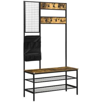 HOMCOM Garderobenst&auml;nder mit Sitzbank, Kleiderst&auml;nder mit Haken, Schuhregal, Garderobe mit Tragetasche, Jackenst&auml;nder f&uuml;r Eingangsbereich, Flur, Stahl, Rusti