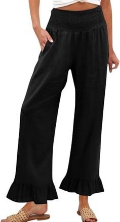 Generic Pantalon de plage pour femme en lin smock&eacute;, taille &eacute;lastique, &agrave; volants, jambes larges, style boh&egrave;me, fluide avec poches, Noir, XXL