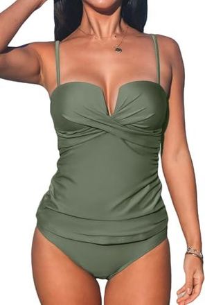 Cupshe Ensemble tankini deux pièces pour femme, col en coeur, taille moyenne, bretelles réglables enveloppé sur le devant, vert olive, Taille L