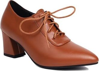 Generic Femmes Talon Épais Hauts Chaussures Oxford Bout Pointu Cuir PU Escarpin De Robe Lacer Vintage Brogues,Marron,38.5 EU