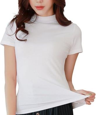 Generic T-shirt &agrave; col montant pour femmes 2025 &agrave; manches courtes d&eacute;contract&eacute; coupe ample haut athl&eacute;tique tendance uni t-shirt d&eacute;t&eacute; col roul&eacute; printemps t-shirt