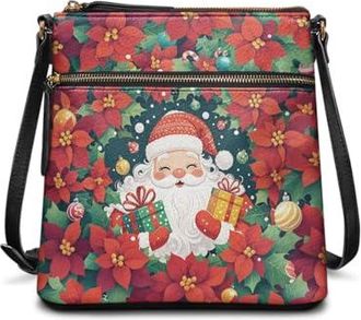 Coloranimal Sac &agrave; bandouli&egrave;re pour femme en cuir avec fermeture &eacute;clair sur le th&egrave;me de No&euml;l, P&egrave;re No&euml;l poinsettia