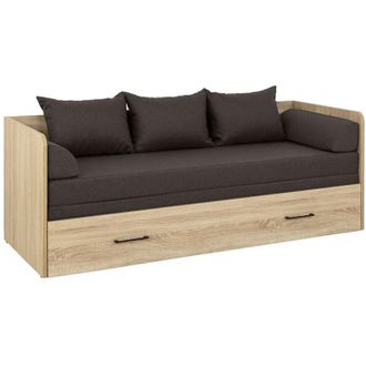 PEGANE Lit canap&eacute; convertible 80-160x200 cm coloris Ch&ecirc;ne sonoma avec coffre de rangement, matelas et 3 oreillers gris anthracite - Longueur 200,5 x