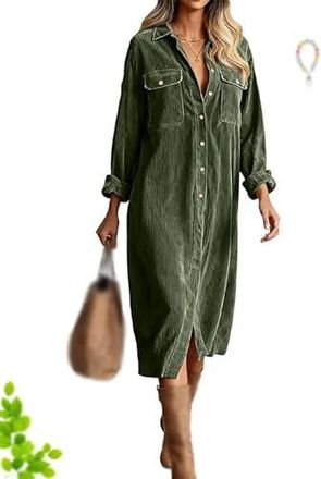 Generic Robe chemise dautomne boutonnée en velours côtelé pour femme, robe midi longue plissée à revers en forme de trapèze, Vert, XXL