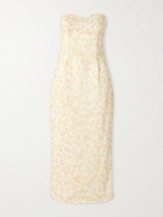 Poss&eacute; Isla Tr&auml;gerloses Midikleid Aus Einer Leinen-seidenmischung Mit Blumenprint - Gelb