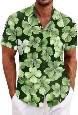 Generic Chemise de la St Patrick pour homme, t-shirt hawa&iuml;en irlandais avec tr&egrave;fle porte-bonheur, chemisier &agrave; boutons &agrave; manches courtes, haut ample d&eacute;contract