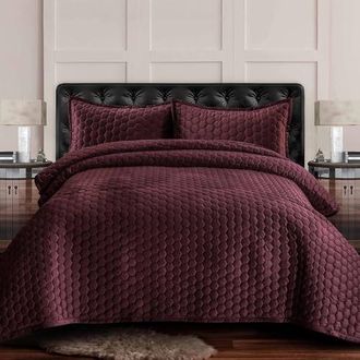 Tribeca Living Velvet Twin Quilt Set - Zweiteiliges Lugano Wabenstich Bettwäsche, superweicher 260 g/m² Samt, übergroße Steppdecke und 1 Kissenbezug, Pflaume