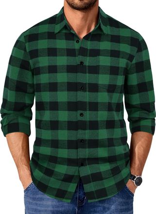 Coofandy Herren Flanellhemd Karierts Langarm Freizeithemd Männer Karo Hemd mit Taschen Holzfällerhemd Regular Fit Schwarz Grün 3XL