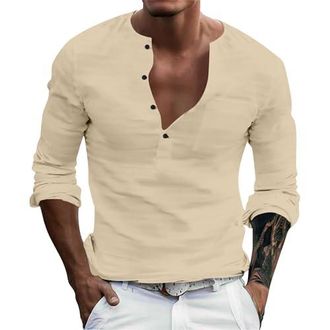 Generic T-shirt &agrave; manches longues pour homme - Style vintage - En coton - Grandes tailles - Col montant - Chemise de plage - Col rond - Chemise d&eacute;t&eacute; &eacute;l&eacute;gante 