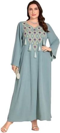 Generic Robe longue pour femme - Grande taille - Caftan musulman - Broderie à pompons - Robe arabe saoudienne - Turquie Dubaï Abaya, bleu clair, L