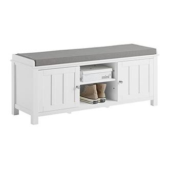 SoBuy Meuble &agrave; Chaussures Banc Rangement Chaussures avec Coussin Rembourr&eacute; - Meuble Bas dEntr&eacute;e avec 2 Compartiments Ouverts et 2 Portes, MDF Laqu&eacute; Blanc, 1