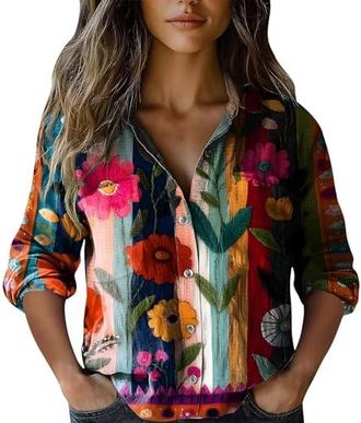 Generic Chemisier &eacute;l&eacute;gant &agrave; manches longues et col en V pour femme - Chemise d&eacute;contract&eacute;e &agrave; manches retroussables - Imprim&eacute; floral - L&eacute;ger et fluide - Pour l&eacute;
