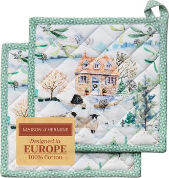 Maison d'Hermine Hot Pads Weihnachten-Topfhalter aus 100% Baumwolle mit Schleife, hitzebeständiges Set mit 2 Topflappen zum, Mikrowelle, Snowy World - Erntedankfest/We