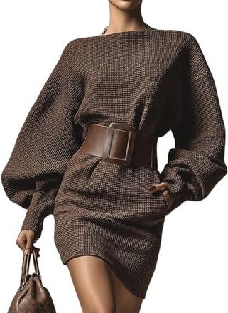 Generic Mini robe surdimensionn&eacute;e en tricot gaufr&eacute; pour femme, robe &agrave; manches longues chauve-souris, robe moulante &eacute;l&eacute;gante avec ceinture, marron, XXL