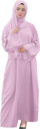 Generic Robe longue musulmane 2026 pour femme couleur unie avec foulard en dentelle, violet clair, XXL