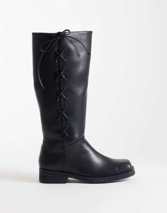 Public Desire Saffron Stiefel mit eckiger Zehenpartie bis zum Knie in Hellbraun und Schwarz