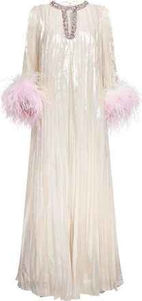 Self Portrait Femme, Robes, Beige, Taille: 38 FR Robe Longue M&eacute;tallis&eacute;e Ombr&eacute;e &agrave; Plumes