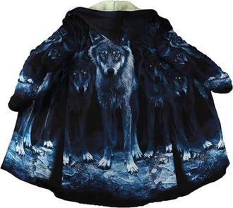 Generic Imprimé 3D Motif Loup Manteau À Capuche, dhiver Chaude Faux Cachemire Noeud Celtique Parka Overcoat, Costumes de Noël Veste Manteaux(Blue,XL)