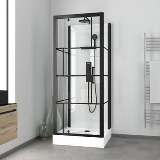 Aurlane Aurlane - cabine de douche carrée 80x80x213 cm - porte pivotante - fond blanc et profilés noir mat - rubiq