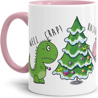 Tassendruck Dino-Tasse Well? Crap! - Weihnachten Geschenk-Artikel/Liebes-Tasse/Witzig/Paar/Liebe/Kaffeetasse/Teetasse/Dino-Saurier/Innen & Henkel Rosa