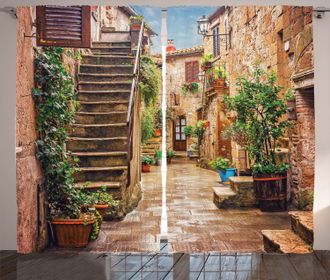 Abakuhaus Italien Rustikaler Vorhang, Old Stone Street Häuser, Wohnzimmer Universalband Gardinen mit Schlaufen und Haken, 280 x 225 cm, Sand Grün