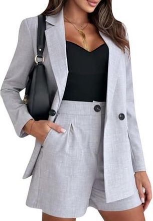 Generic Tenue d&eacute;contract&eacute;e 2 pi&egrave;ces pour femme - Blazer et short &agrave; manches longues ouvert sur le devant - Tenue daffaires pour le travail, gris clair, XXL